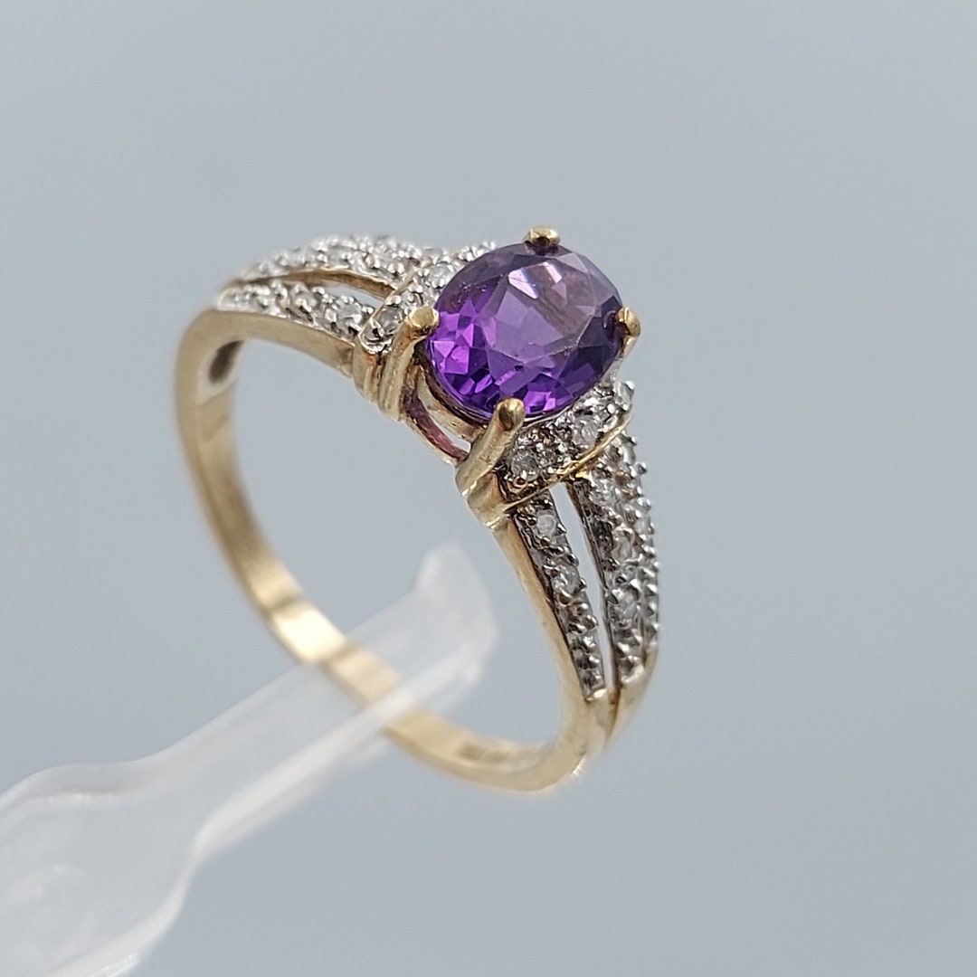 Gold 9ct (375) With Amethyst and Diamonds - VTG Vibrant Ring, Gold 9ct ...