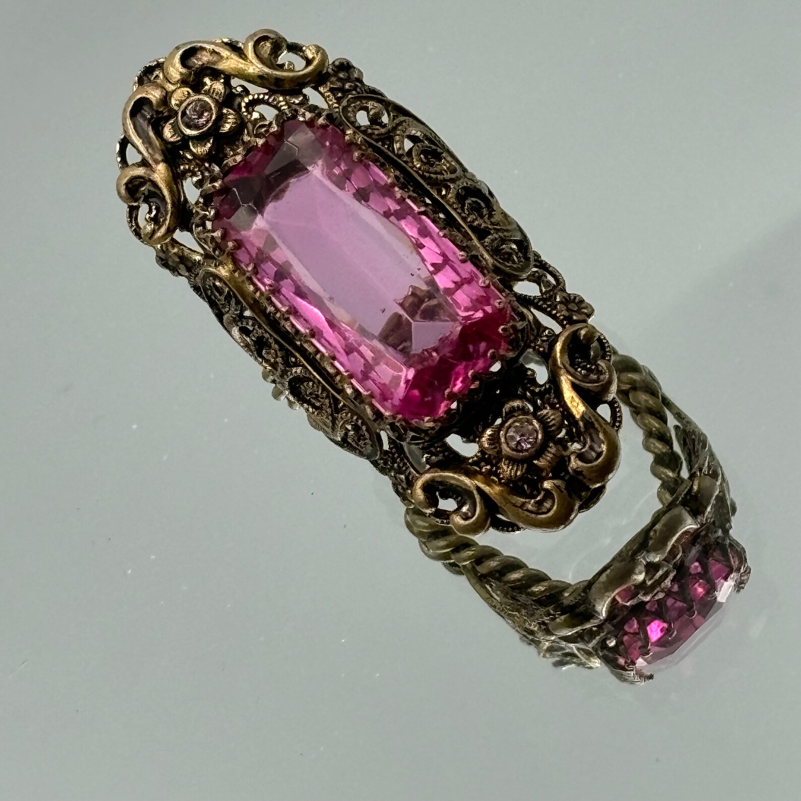 Vintage Art Deco Pink Glass Rhinestone Cocktail Ring Adjustable Gold ...