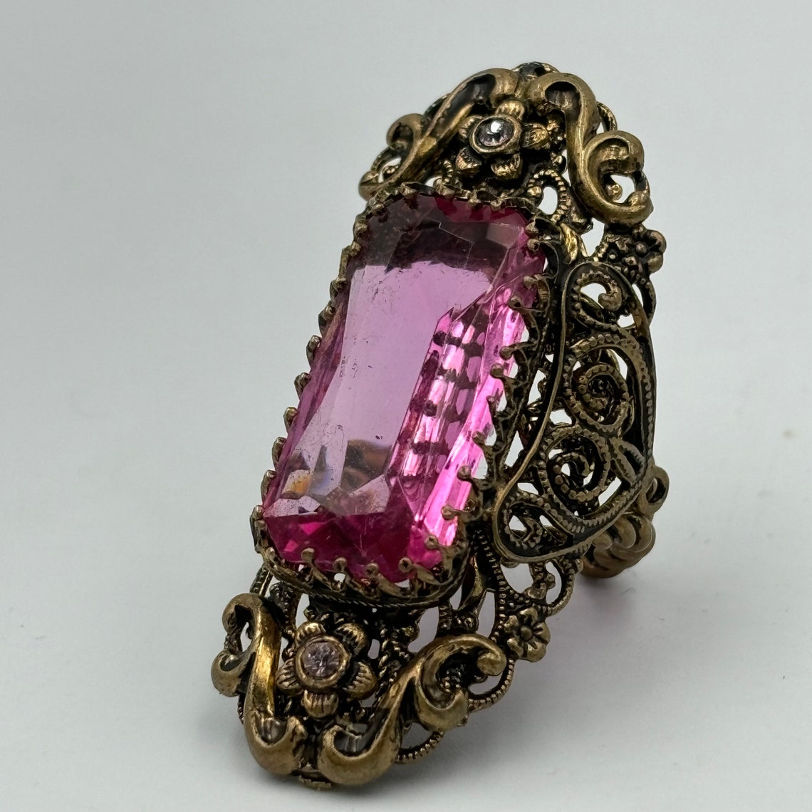 Vintage Art Deco Pink Glass Rhinestone Cocktail Ring Adjustable Gold ...