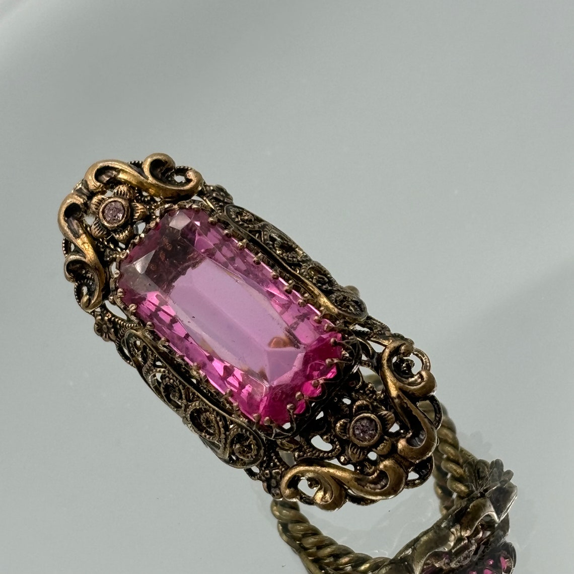 Vintage Art Deco Pink Glass Rhinestone Cocktail Ring Adjustable Gold ...