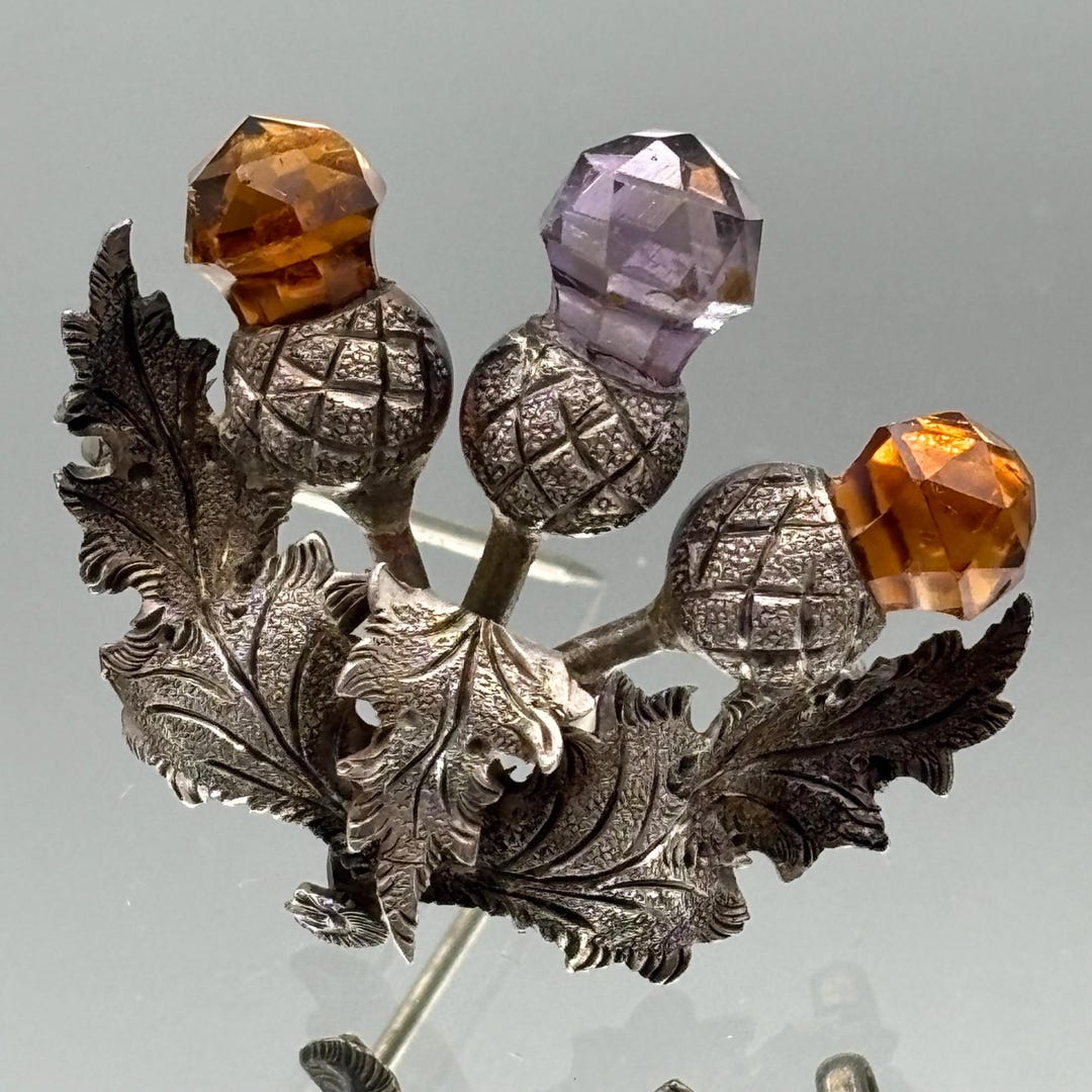 Antique Scottish Thistle Brooch Silver (?) Amethyst & Citrine Glass - Etsy
