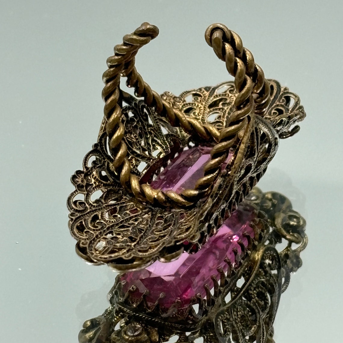 Vintage Art Deco Pink Glass Rhinestone Cocktail Ring Adjustable Gold ...