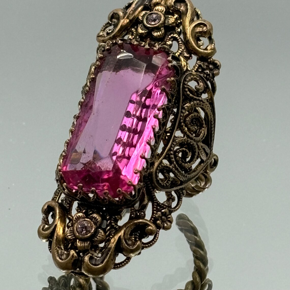 Vintage Art Deco Pink Glass Rhinestone Cocktail Ring Adjustable Gold ...