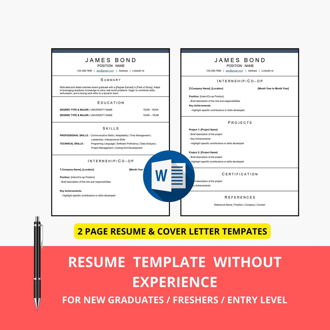 Resume Template Without Experience for New Graduates, ATS Friendly ...