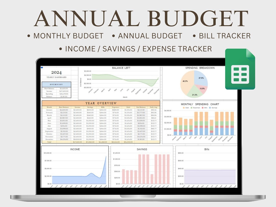Annual Budget Spreadsheet, Google Sheets Budget Template, Bill Calendar ...