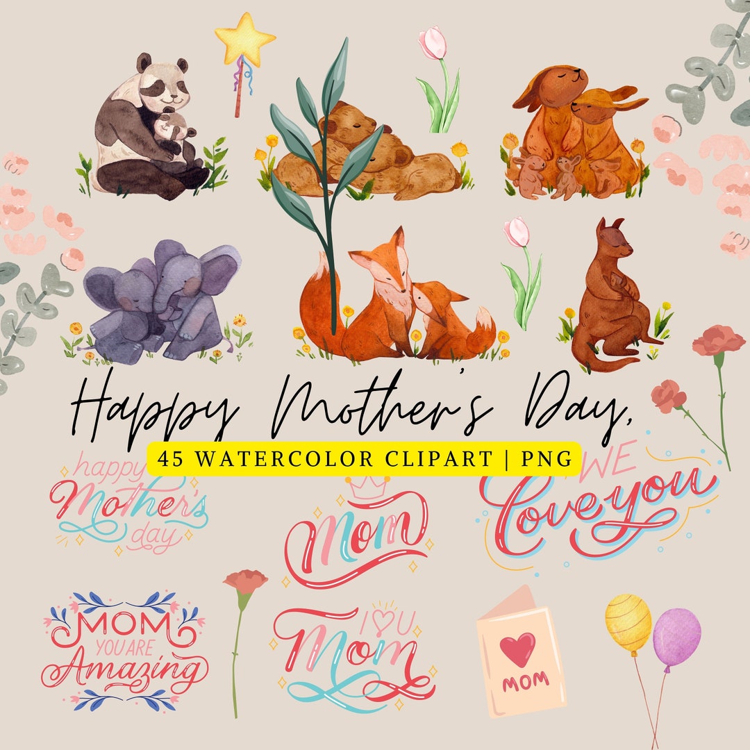 Mothers Day Animal Watercolor Clipart PNG Mom Son Daughter - Etsy