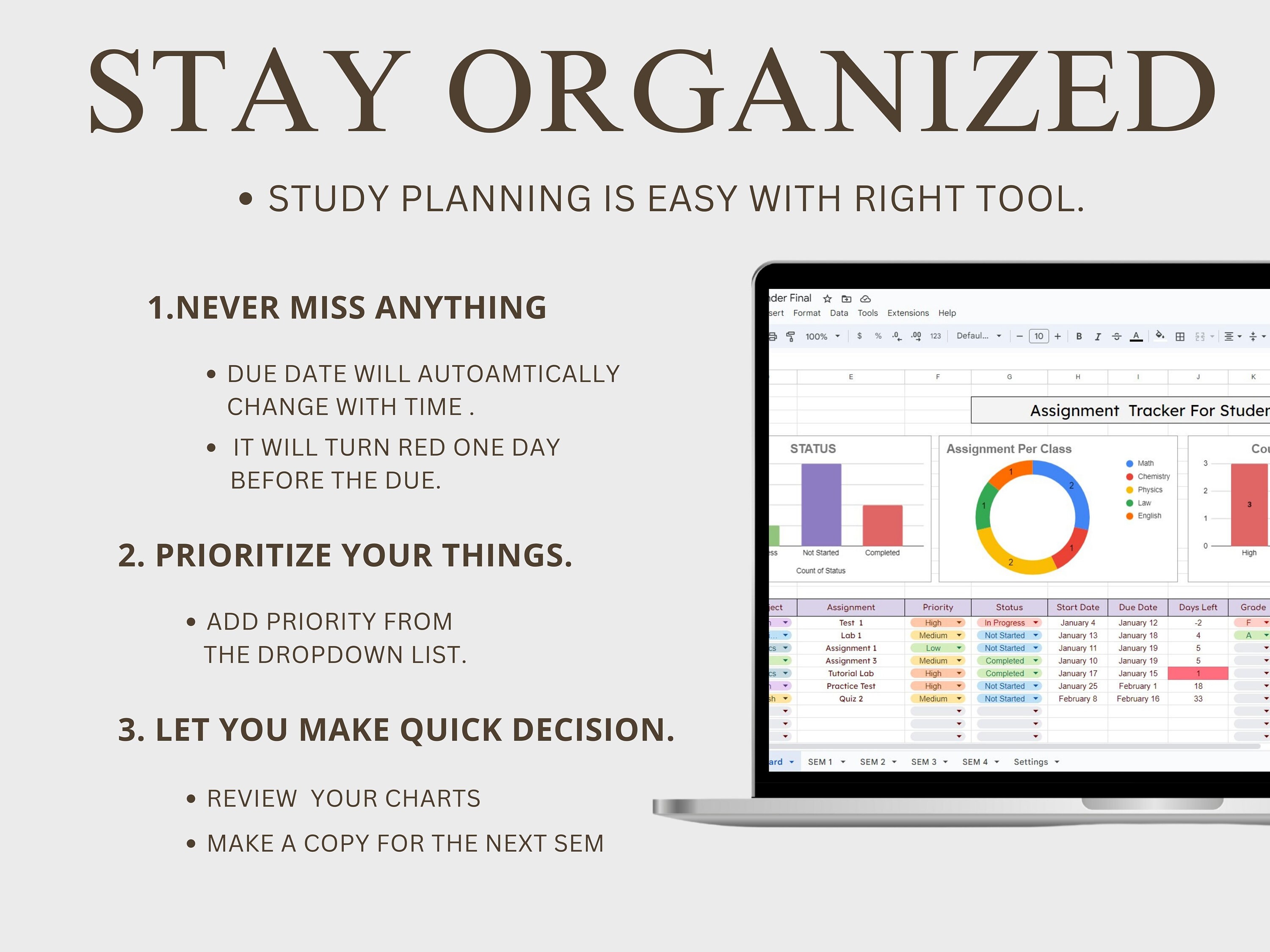 Student Planner Assignment Tracker to Do List Google Sheets Semester ...