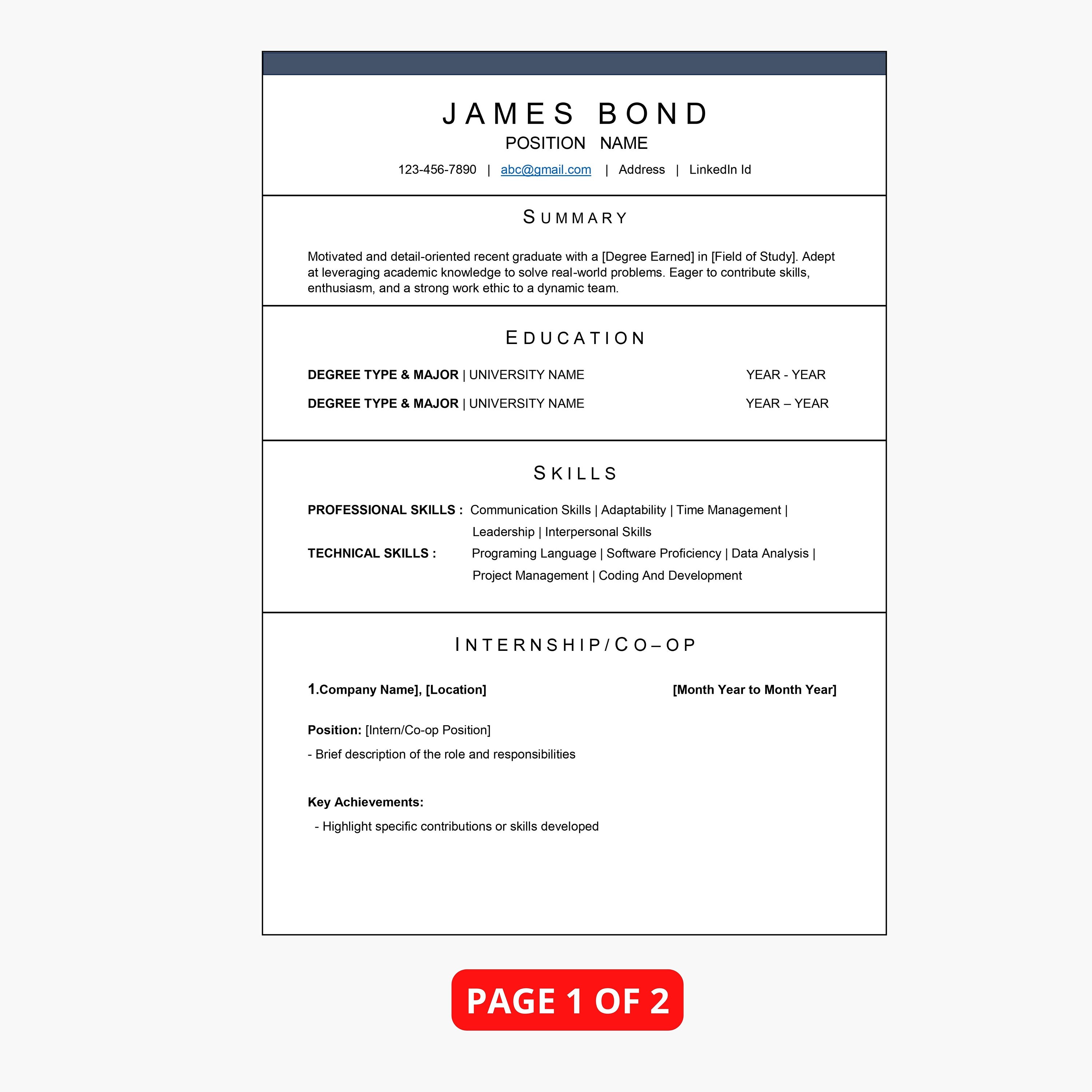 Resume Template Without Experience for New Graduates, ATS Friendly ...