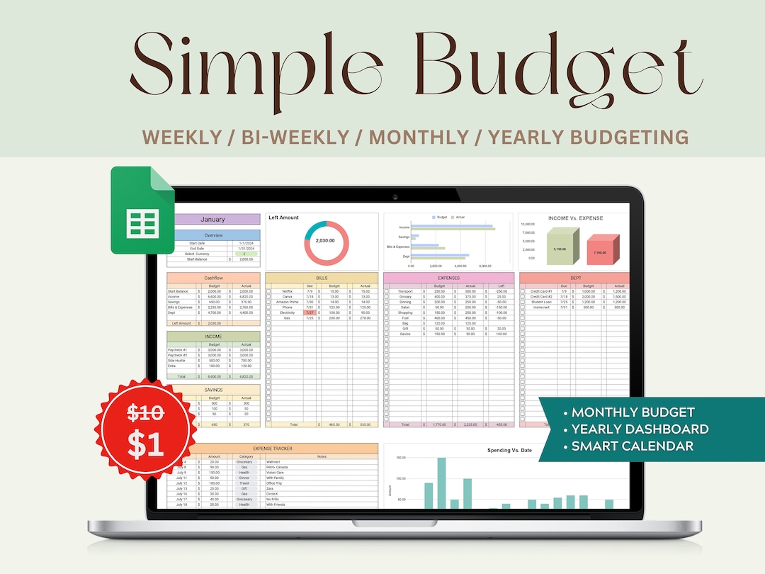 Simple Budget Planner Google Sheet: Weekly, Bi-weekly, Monthly (digital ...