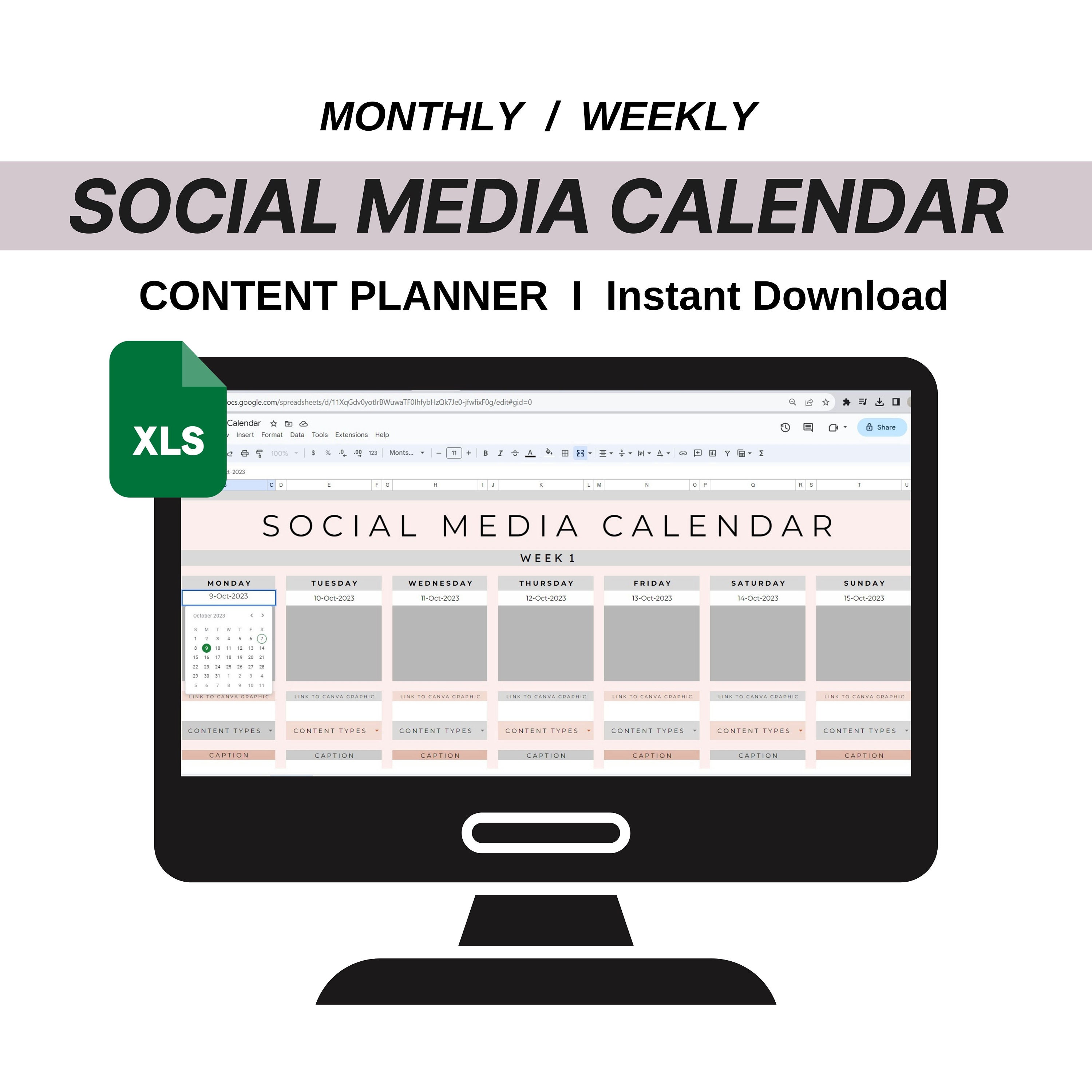 Social Media Content Calendar & Planner Template Monthly Weekly Google ...