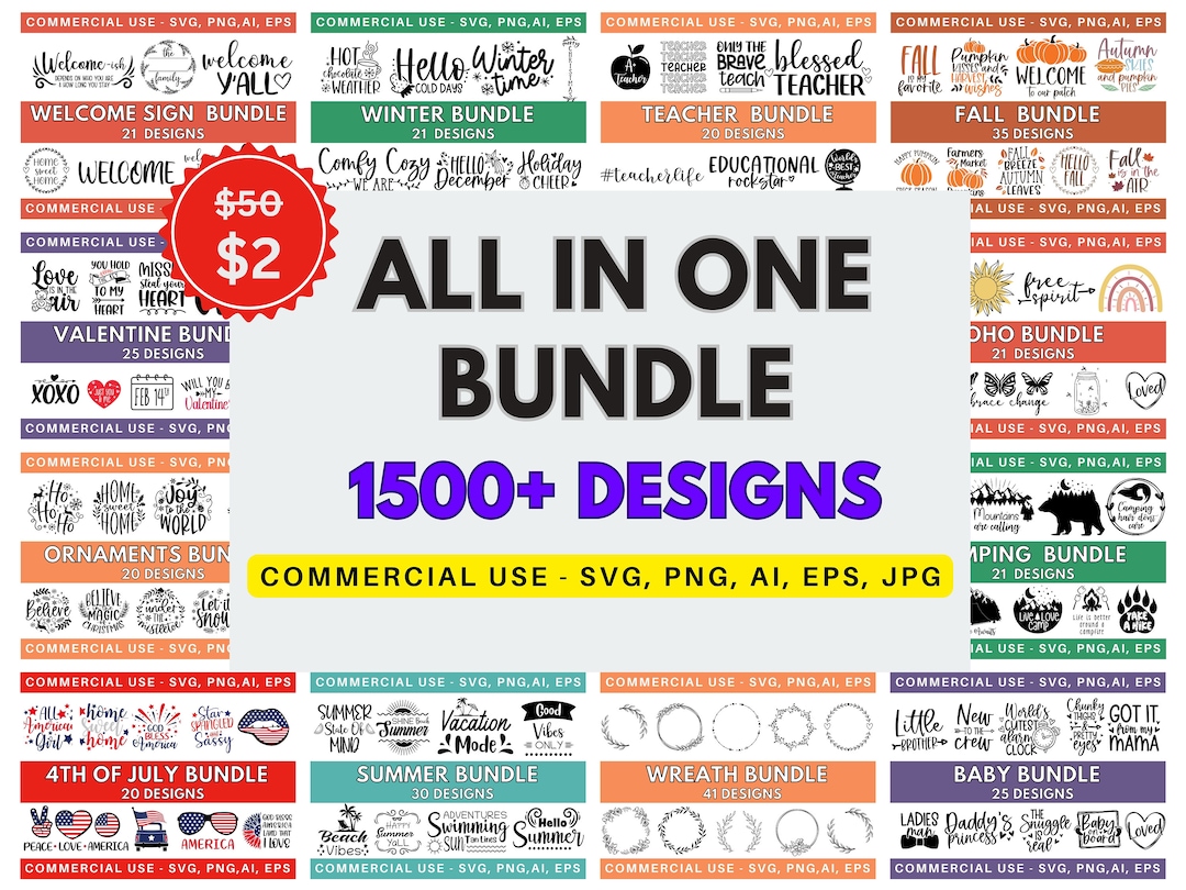 Mega SVG PNG Eps AI Bundle 1500+ Designs Free Mockups - Etsy
