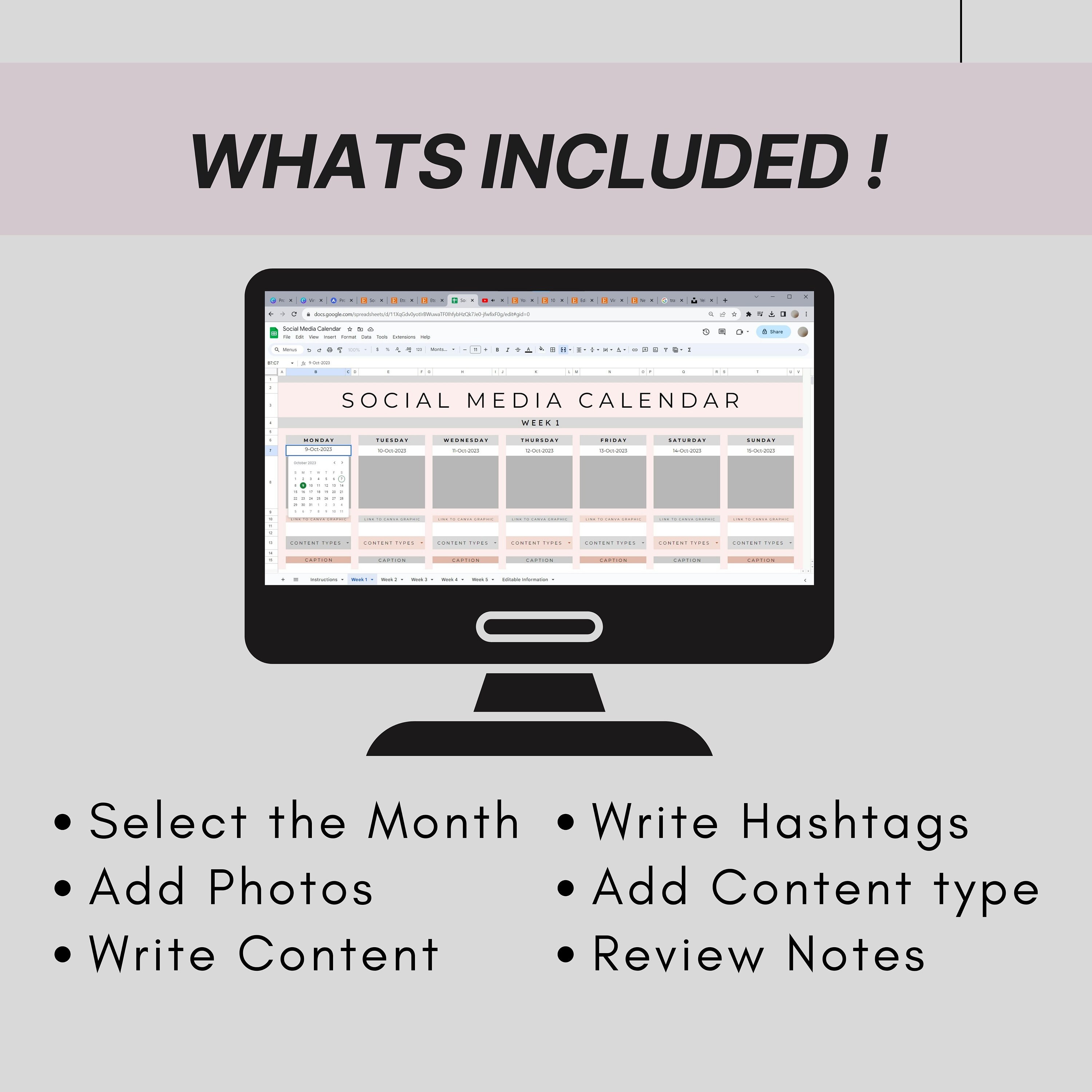 Social Media Content Calendar & Planner Template Monthly Weekly Google ...