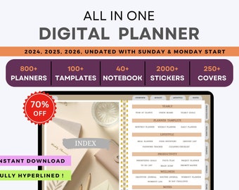 All-in-one Monthly Digital Planner, Undated Digital Planner, Digital ...
