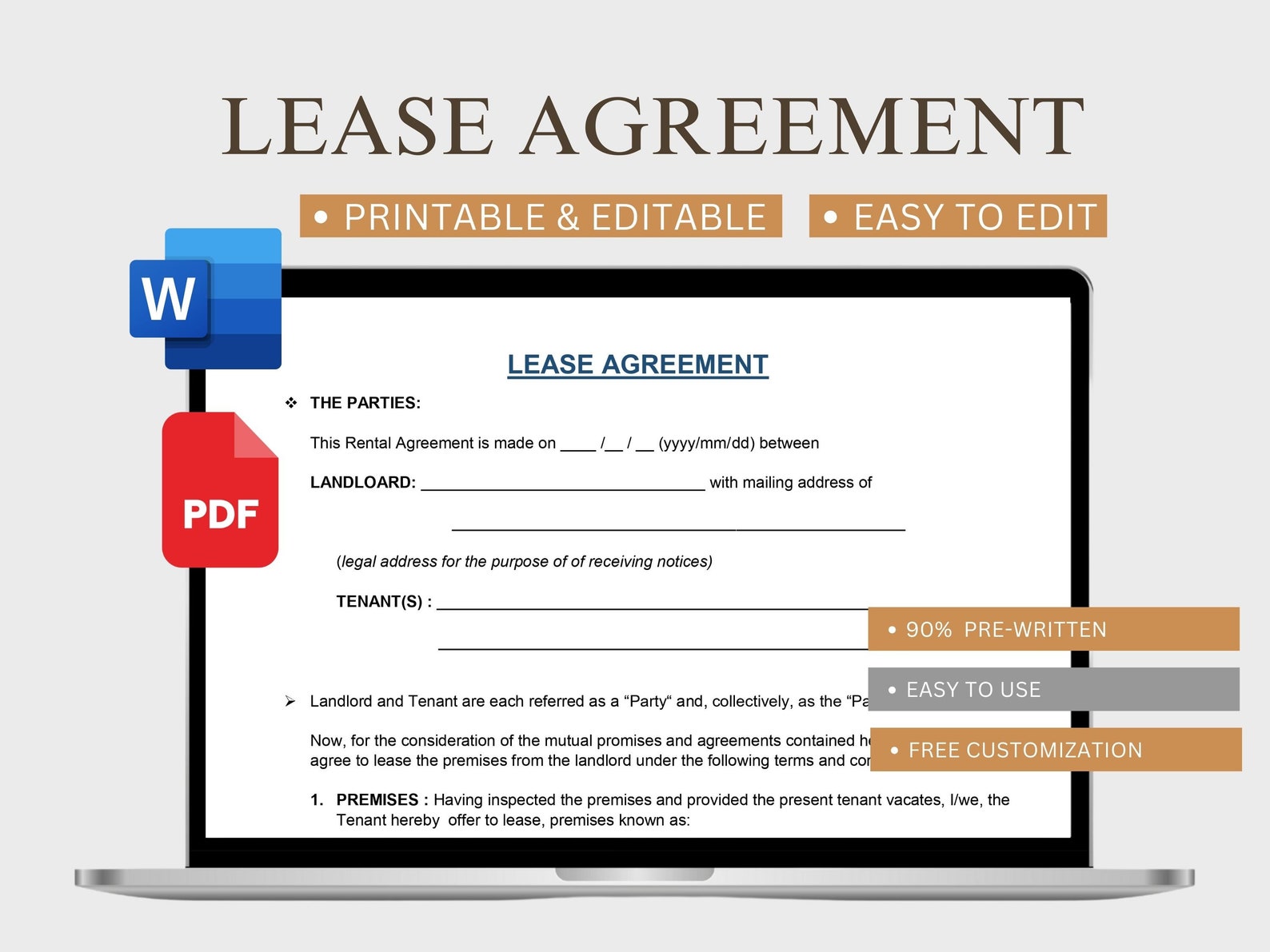 Editable Lease Agreement Template: Landlord Tenant Forms (digital ...