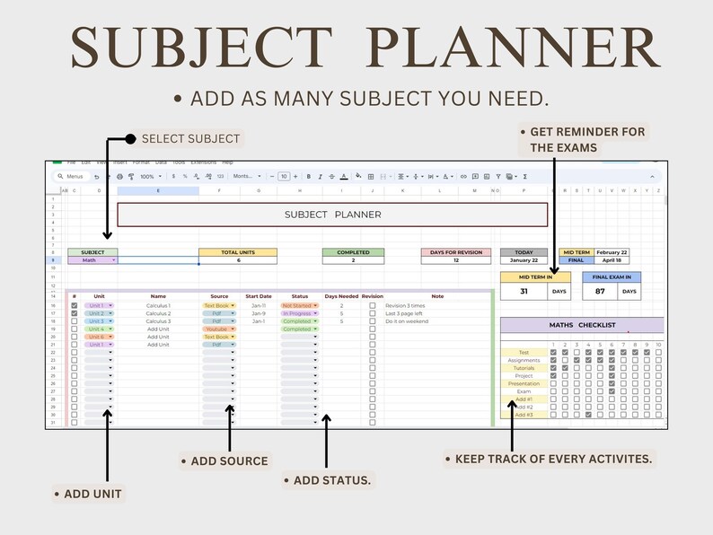 Student Planner Assignment Tracker to Do List Google Sheets Semester ...
