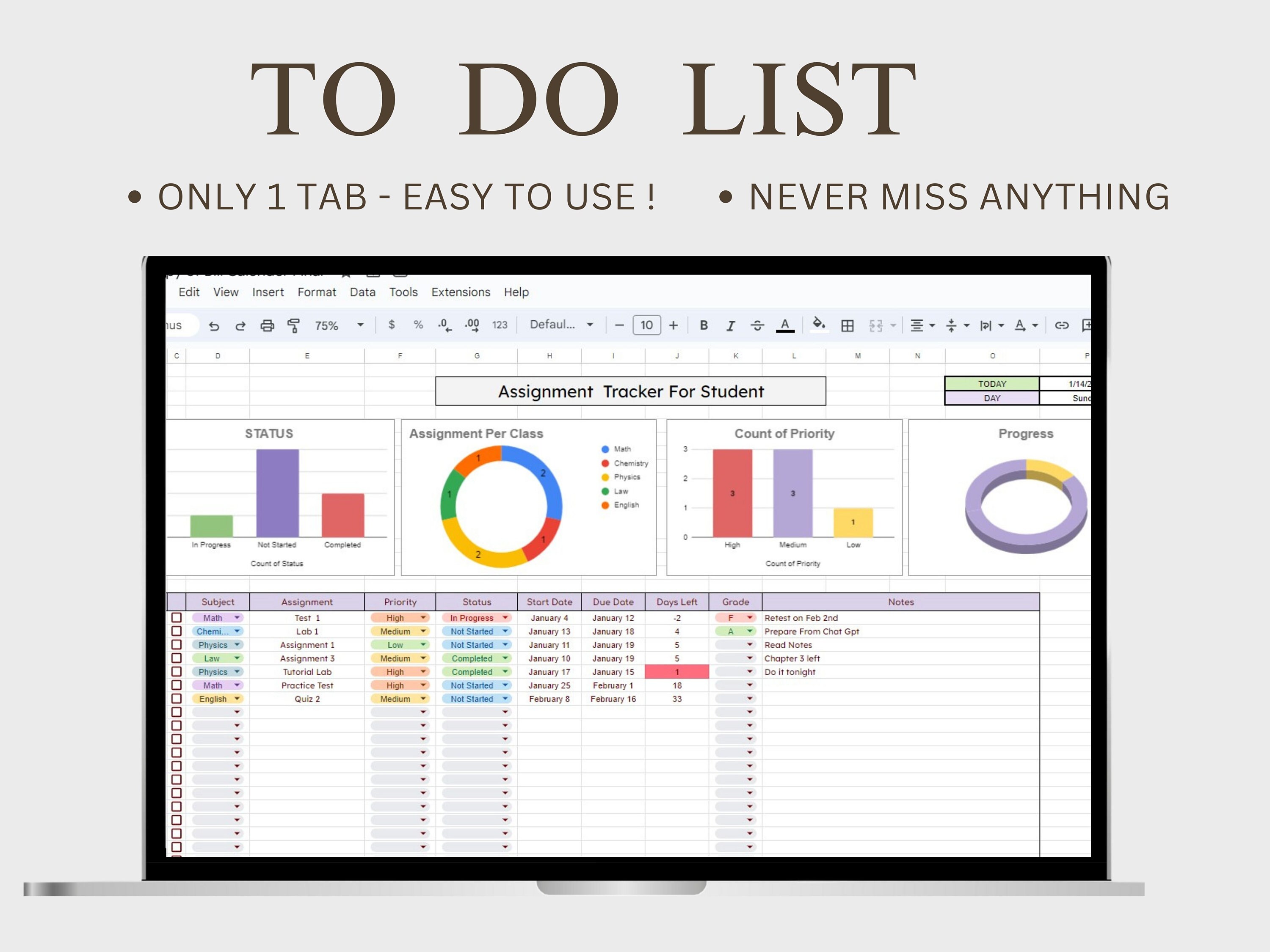 Student Planner Assignment Tracker to Do List Google Sheets Semester ...