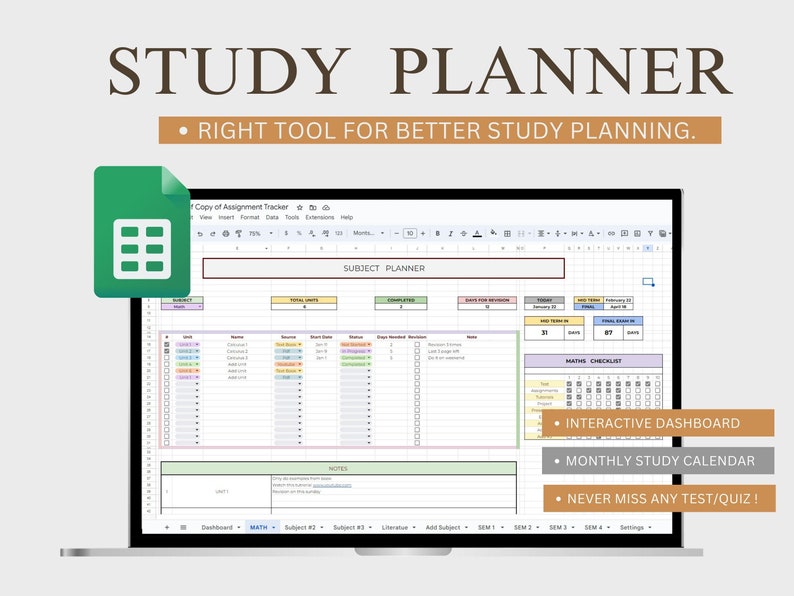 Student Planner Assignment Tracker to Do List Google Sheets Semester ...