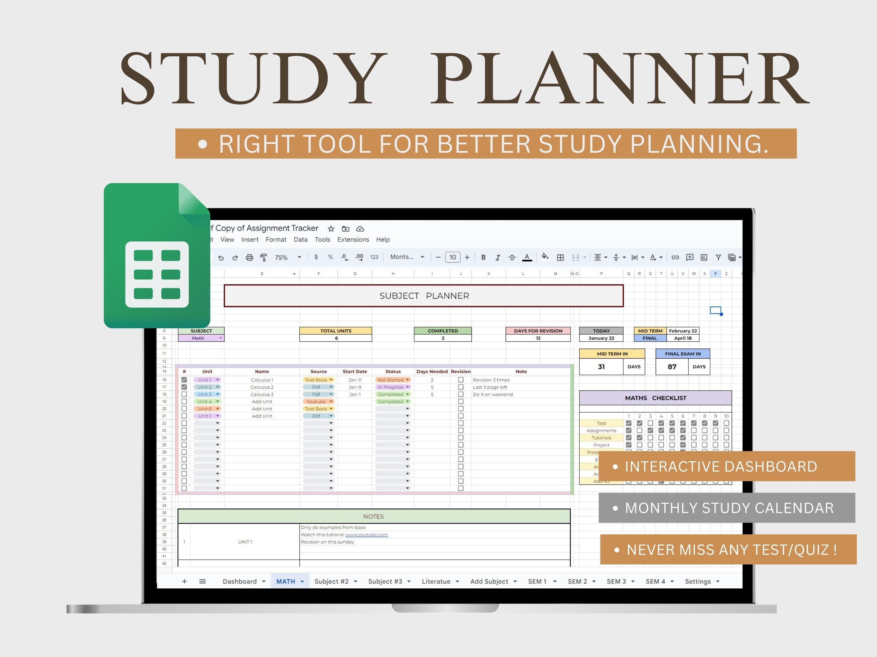 Student Planner Assignment Tracker to Do List Google Sheets Semester ...