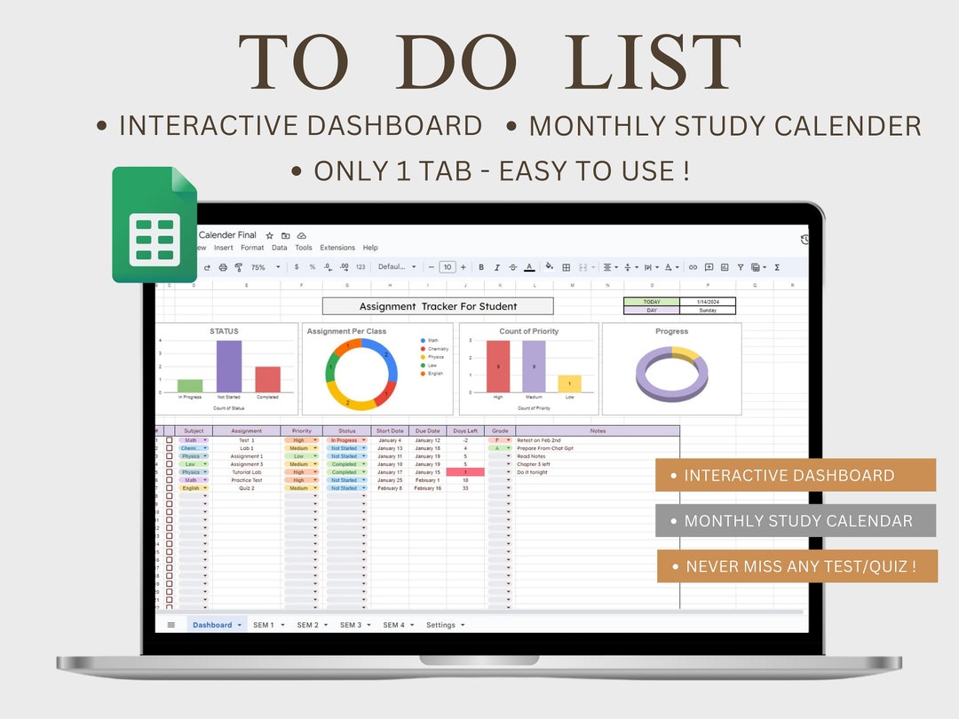 Student Planner Assignment Tracker to Do List Google Sheets Semester ...