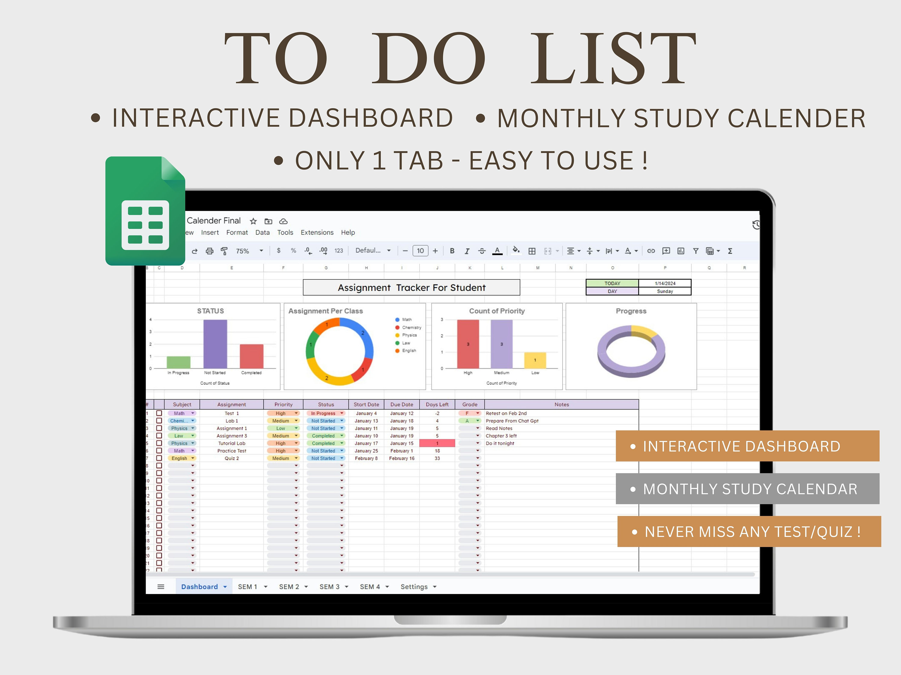 Student Planner Assignment Tracker to Do List Google Sheets Semester ...