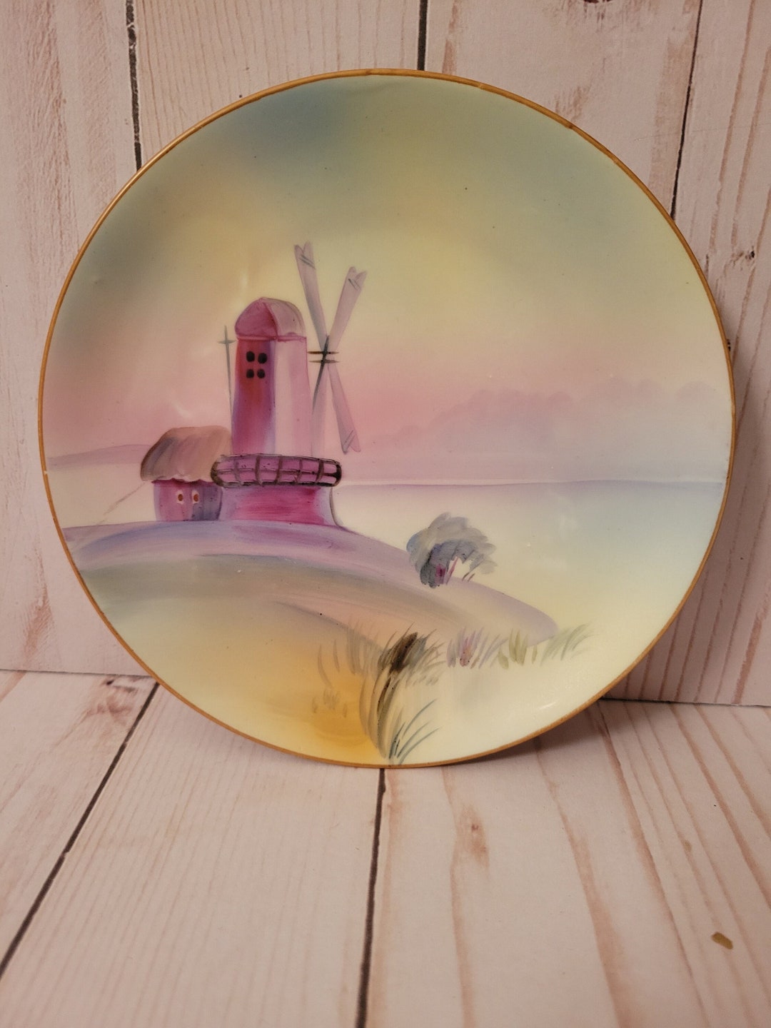 NIPPON- Hand Painted Porcelain Plate Windmills Scene in Purple 10 ...