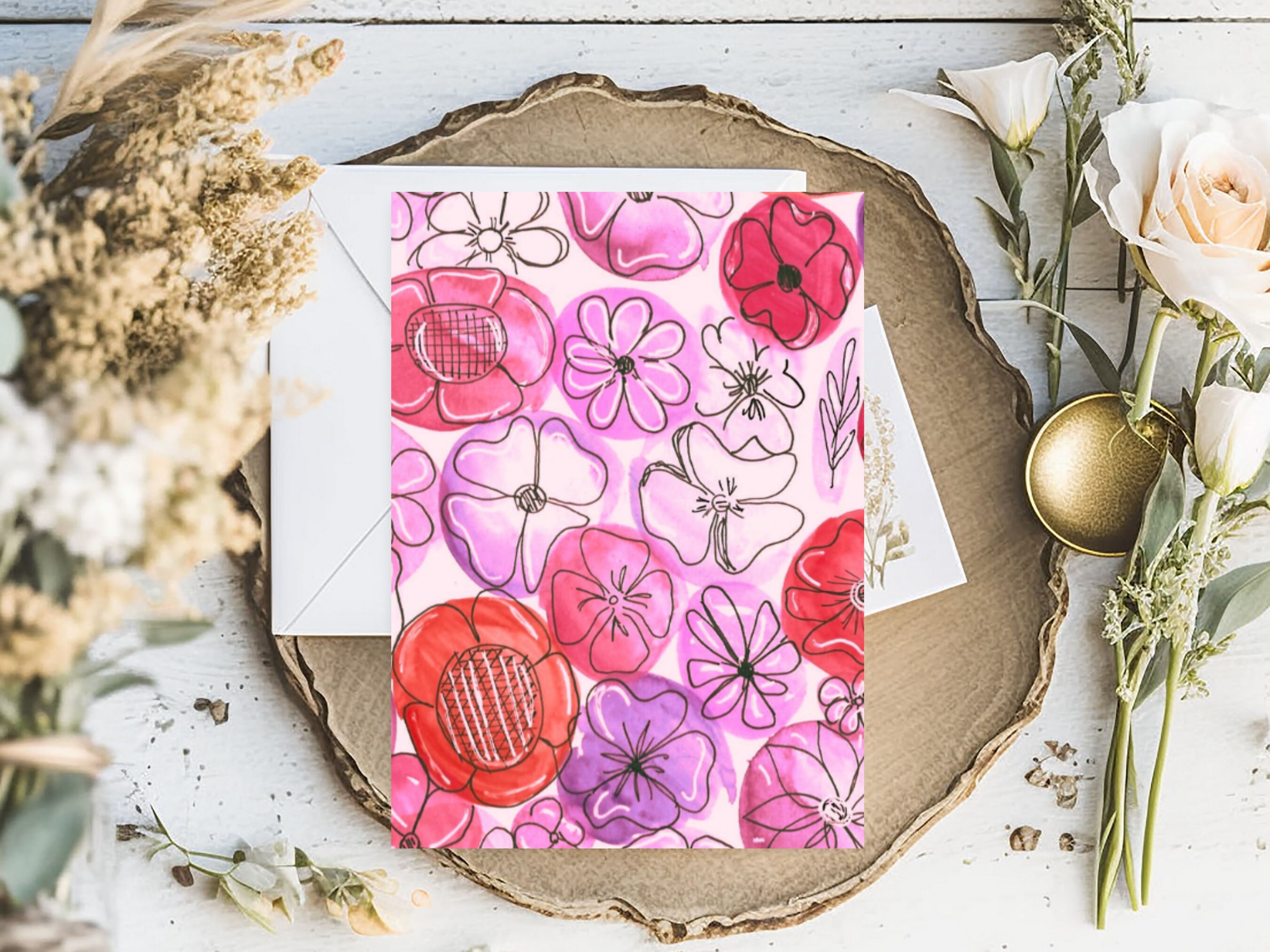 Pink Floral Watercolor Card Printable Pink Floral Greeting Card Digital ...