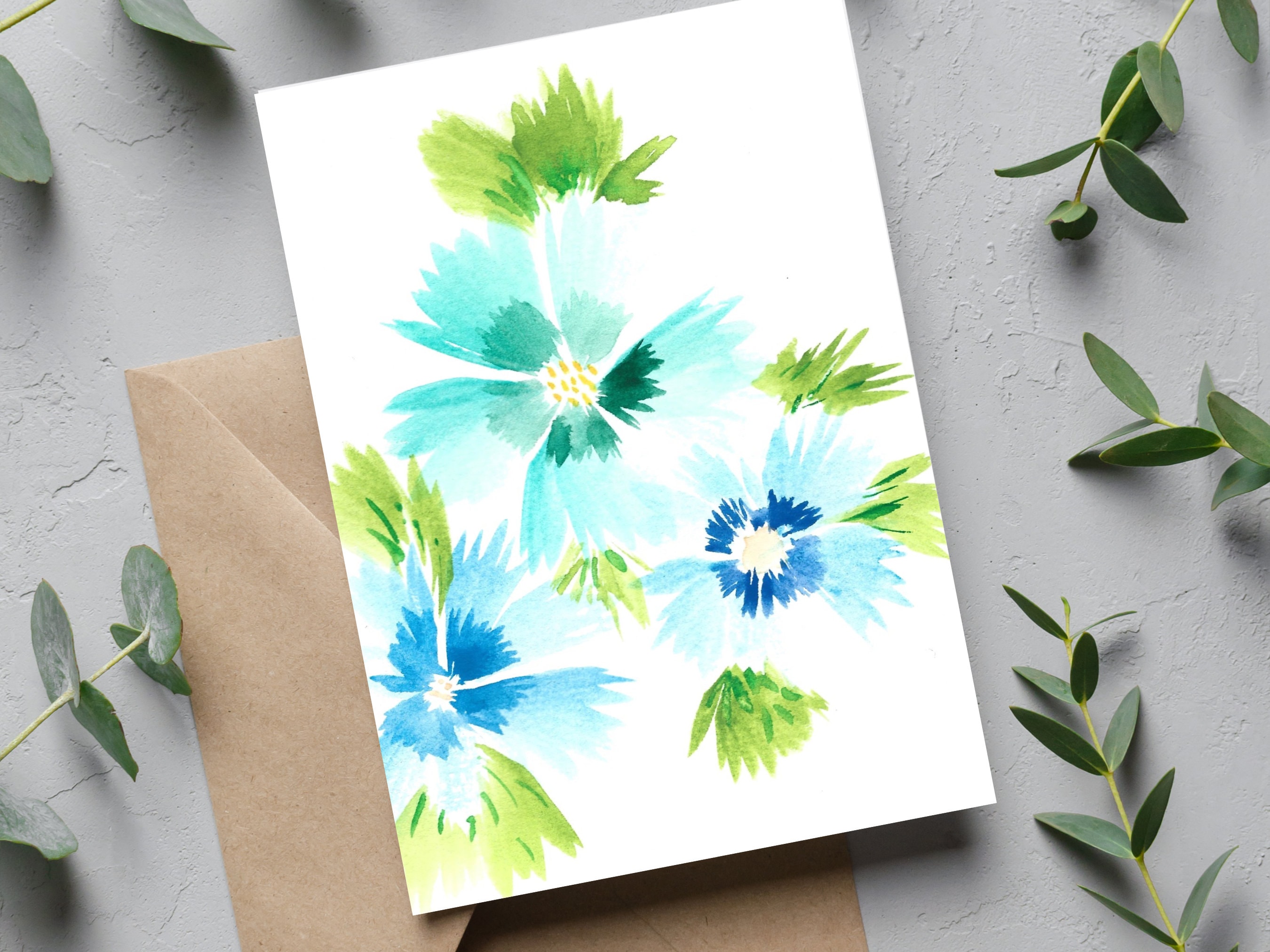 Blue Green Printable Greeting Card | Watercolor Floral Card Digital ...