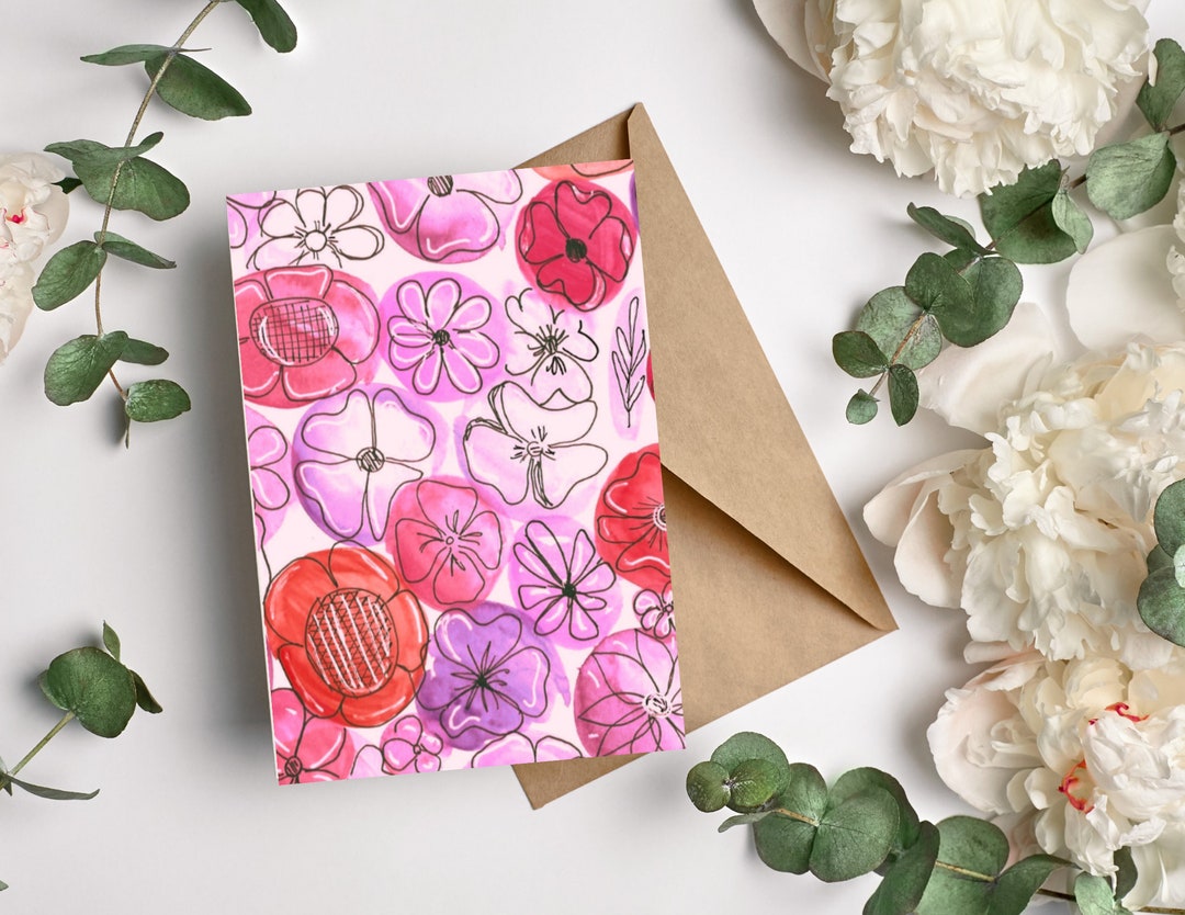 Pink Floral Watercolor Card | Printable Pink Floral Greeting Card ...
