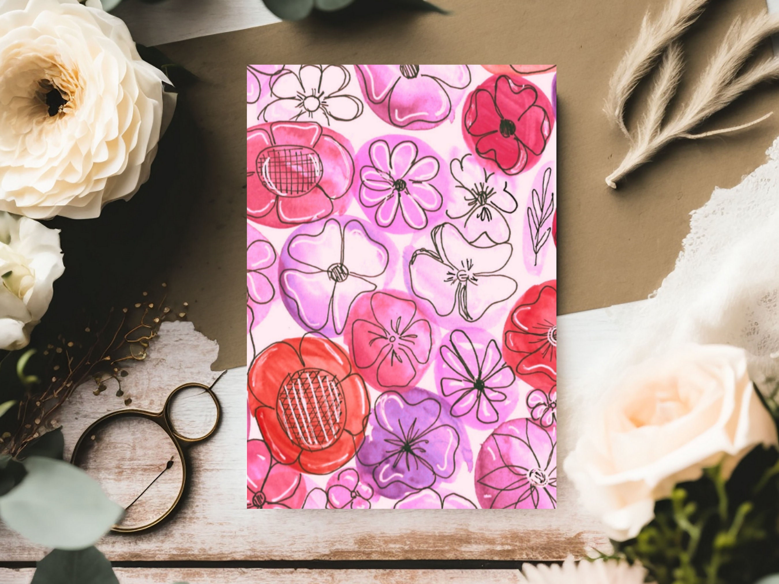 Pink Floral Watercolor Card Printable Pink Floral Greeting Card Digital ...