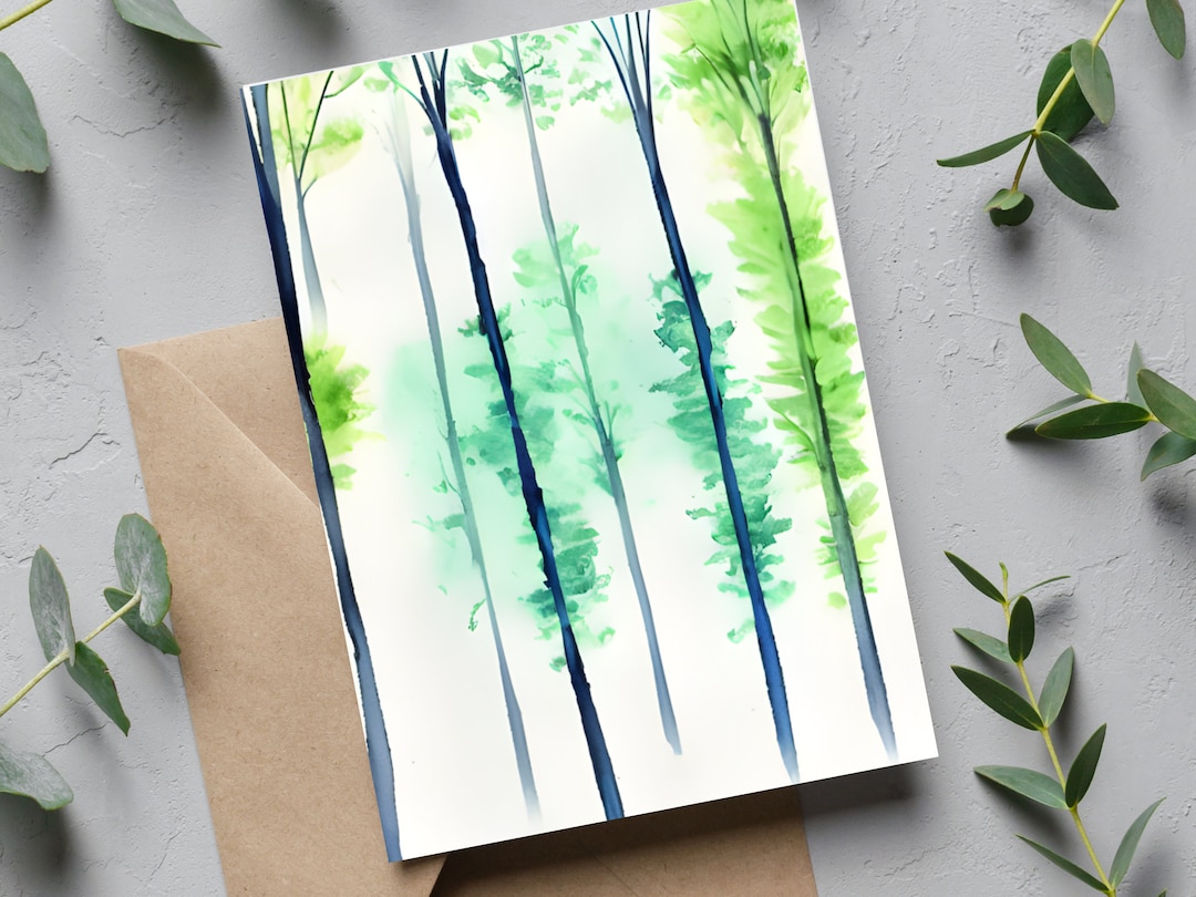 Blue Green Printable Greeting Card | Watercolor Forrest Card Digital ...