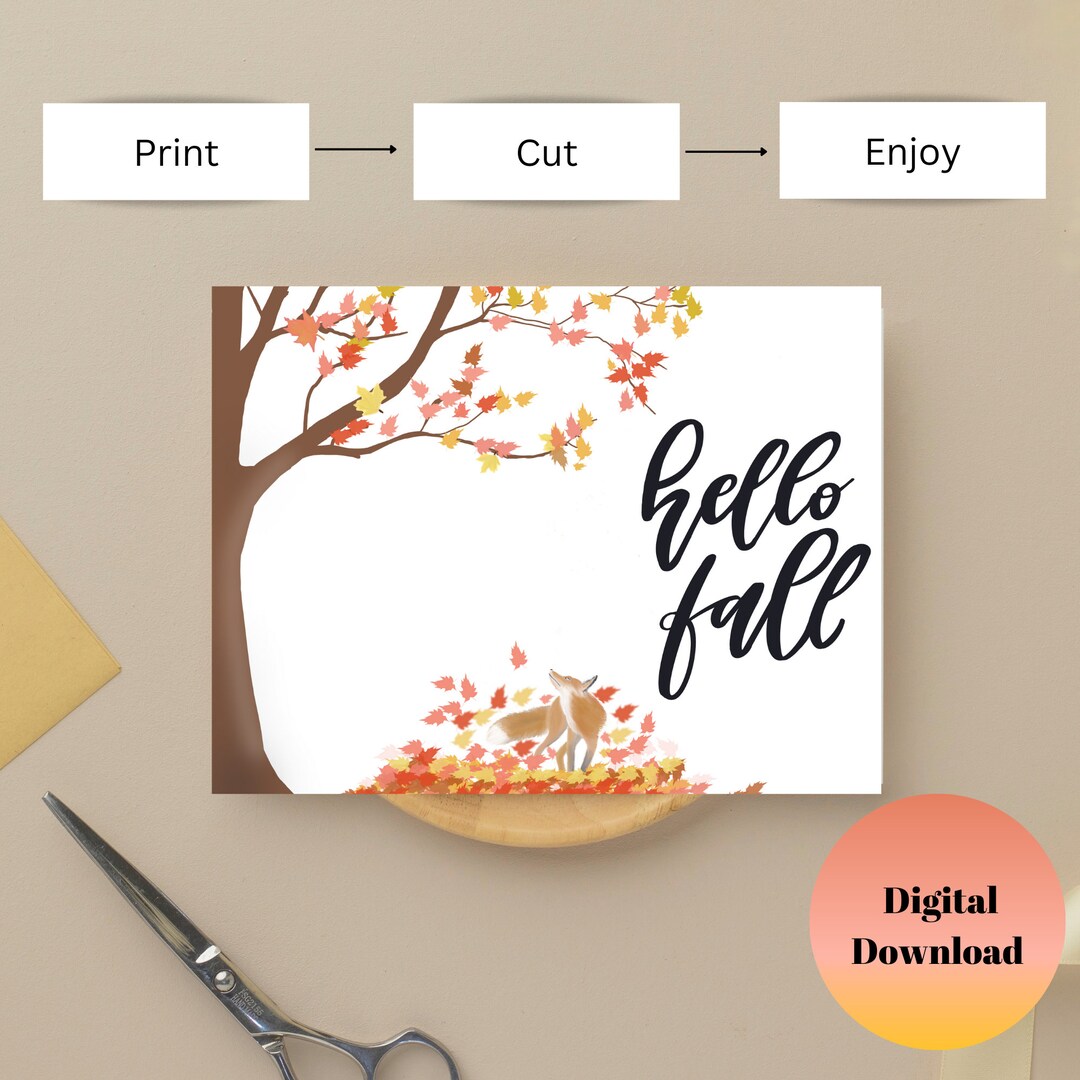 Hello Fall Printable Greeting Card With Fox 7 X 5 Card. Fall - Etsy