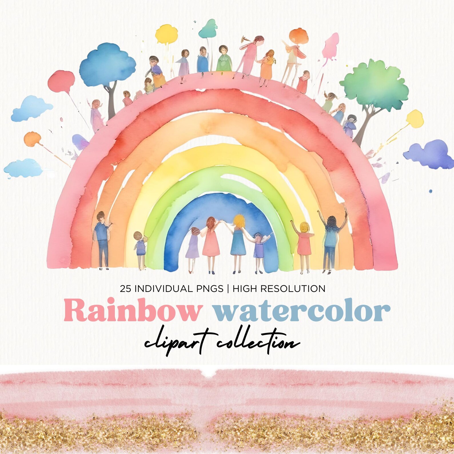 Colorful Rainbow Watercolor Clipart PNG With Fun Icons, Whimsical ...