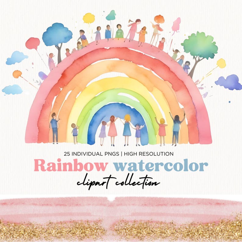 Colorful Rainbow Watercolor Clipart PNG With Fun Icons, Whimsical ...