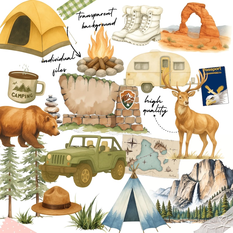 National Parks Clipart: Watercolor Camping PNG Illustrations (instant ...