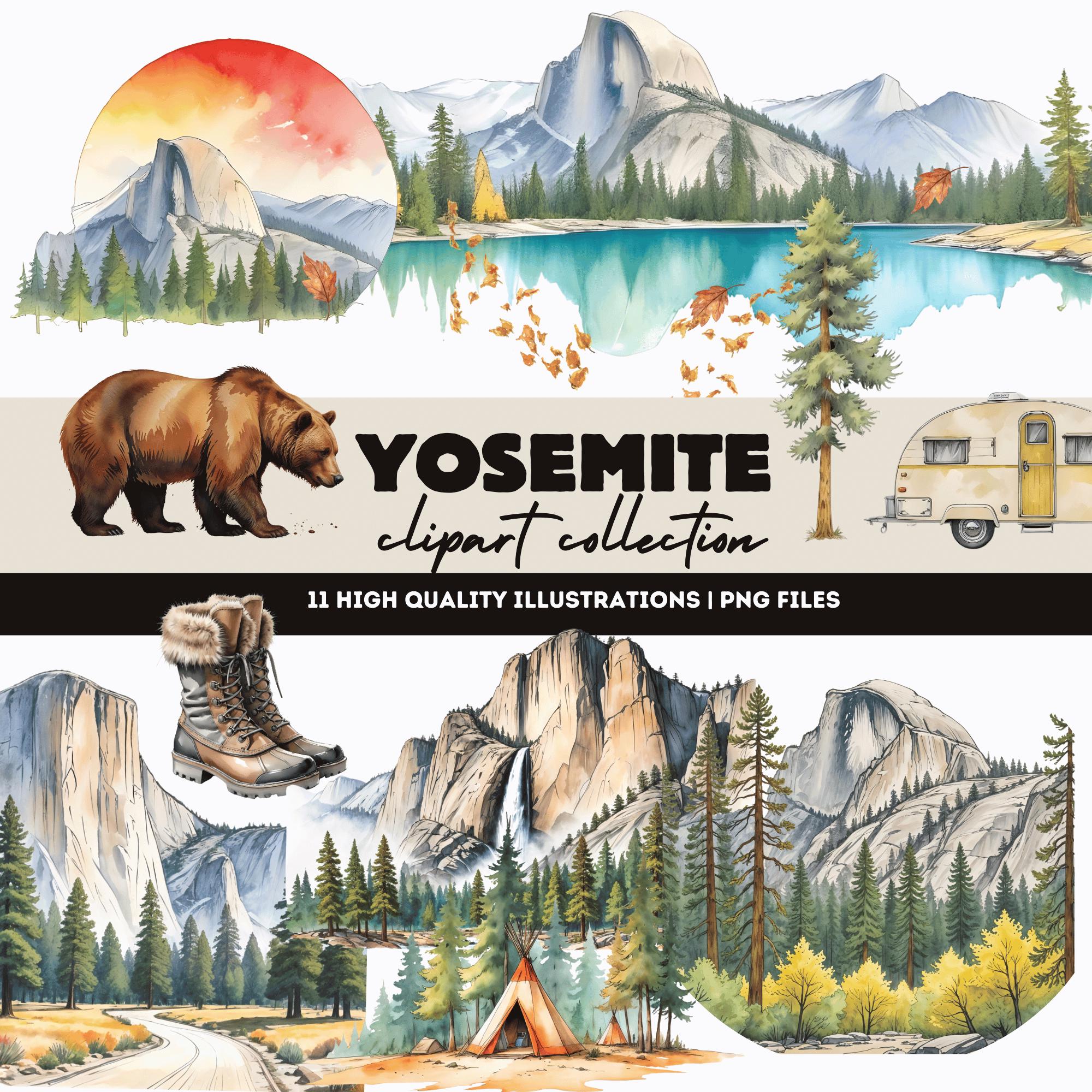 Yosemite National Park Clipart: Watercolor Landscape, Bear, Camper ...