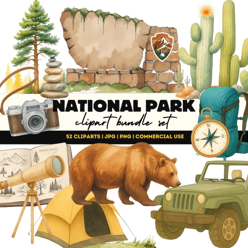 National Parks Clipart: Watercolor Camping PNG Illustrations (instant ...