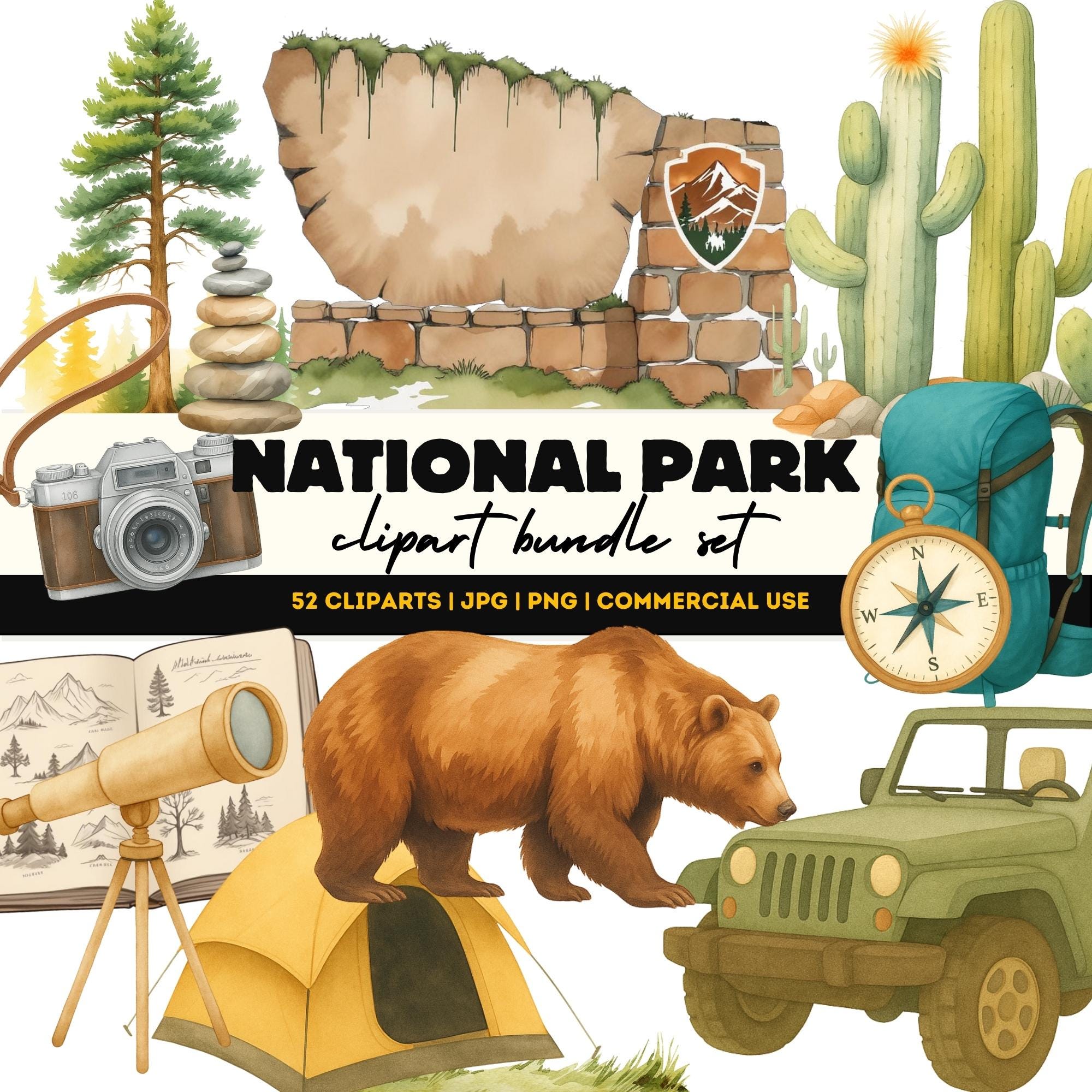 National Parks Clipart: Watercolor Camping PNG Illustrations (instant ...