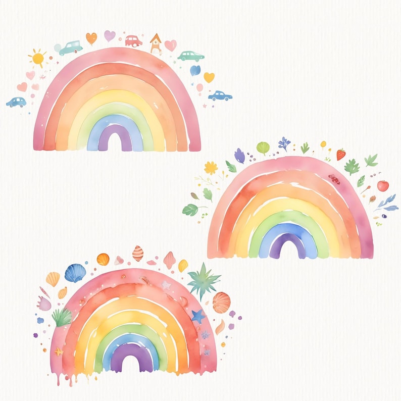 Watercolor Rainbow Clipart: Fun Icons, Pastel Colors (PNG, Instant ...