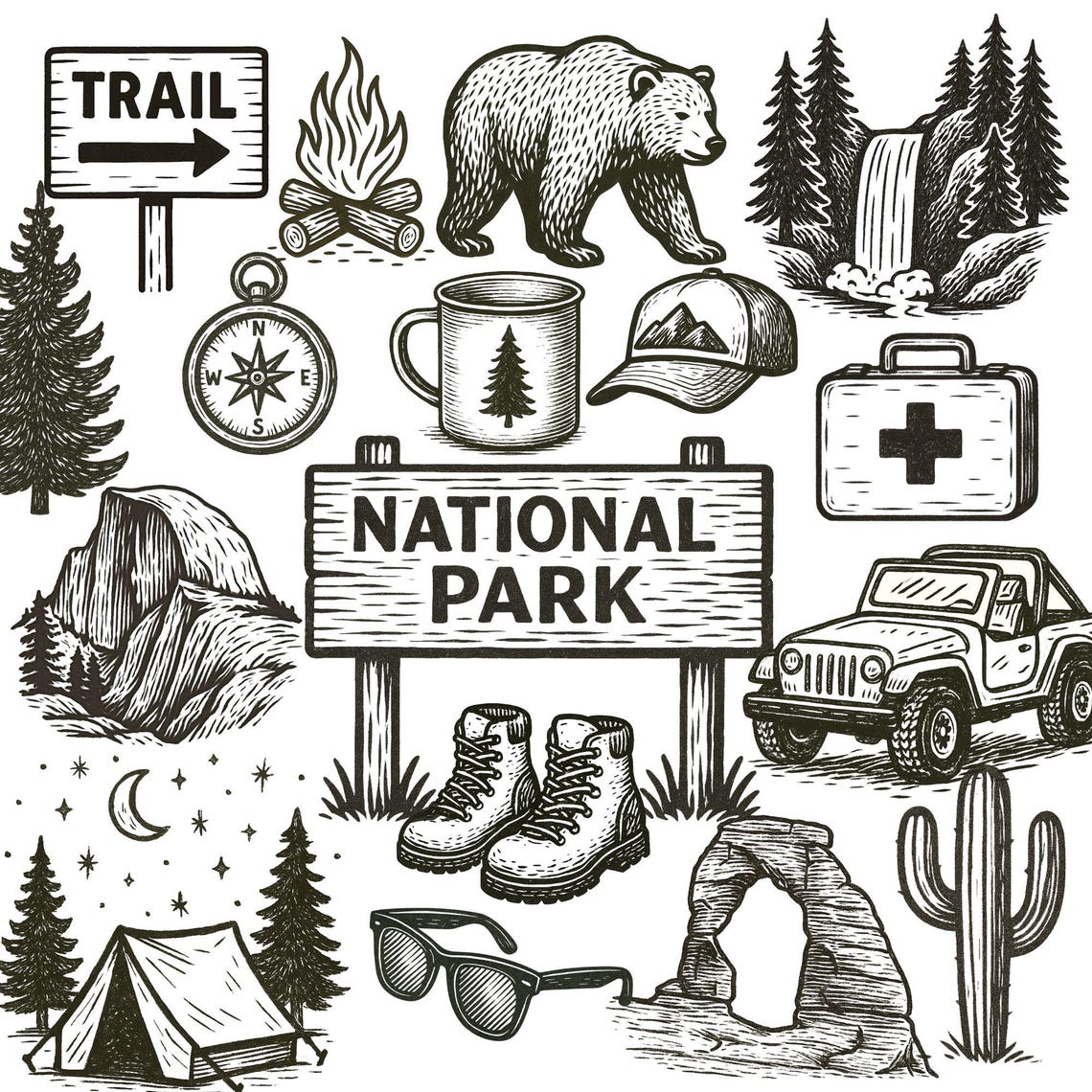 National Parks Clipart: Hand-drawn B&W Vintage Icons (digital Download ...