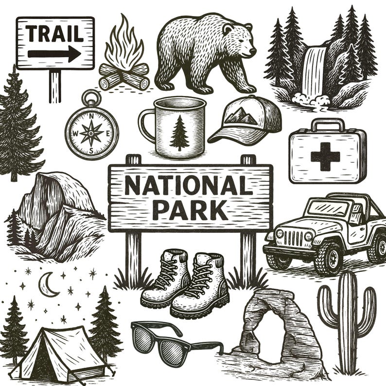 National Parks Clipart: Hand-drawn B&W Icons (digital Download) - Etsy
