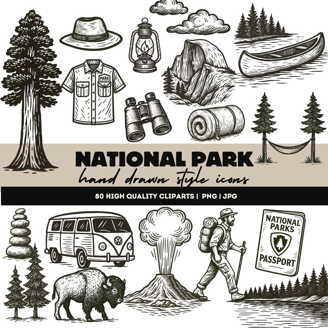 National Parks Clipart, Hand-drawn Style, B&W Icons, Camping PNG ...