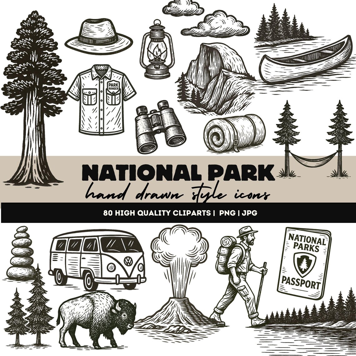 National Parks Clipart: Hand-drawn B&W Icons (digital Download) - Etsy