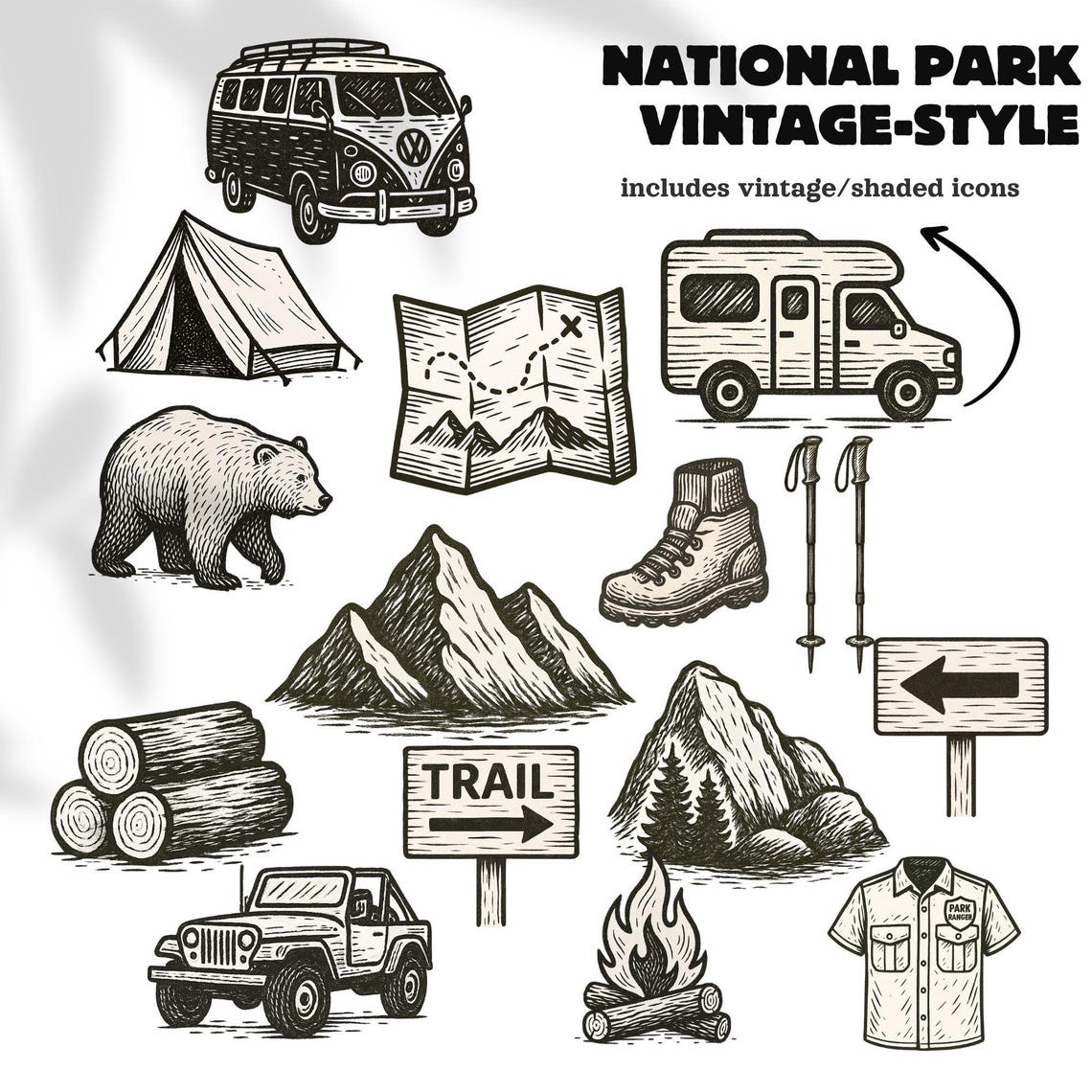 National Parks Clipart: Hand-drawn B&W Icons (digital Download) - Etsy