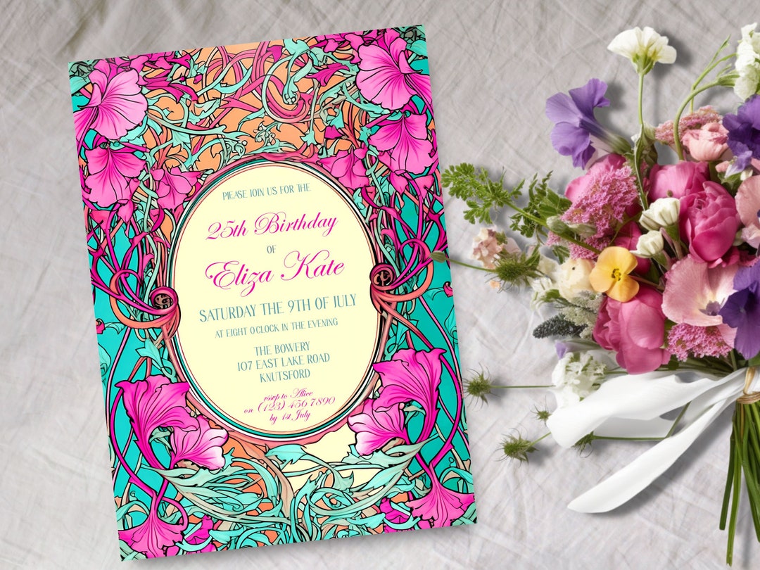 Art Nouveau Birthday Invitation, INSTANT DOWNLOAD, 25th Birthday Invite ...