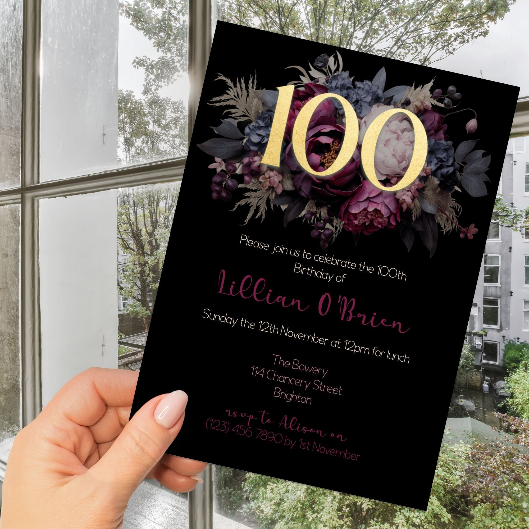 Ladies 100th Birthday Invitation, INSTANT DOWNLOAD, Moody Floral Invite ...