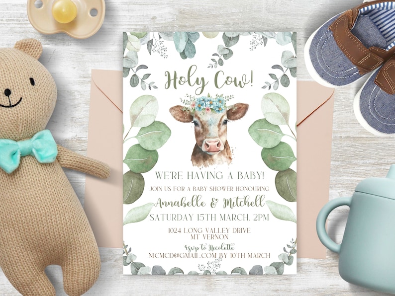 Holy Cow Baby Shower Invitation INSTANT DOWNLOAD Bohemian Floral ...