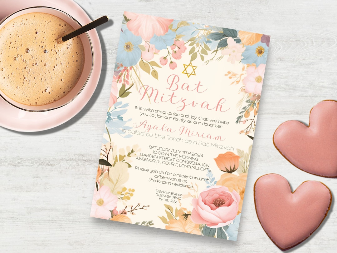 Bat Mitzvah Invitation, INSTANT DOWNLOAD, Floral Bat Mitzvah, Star of ...