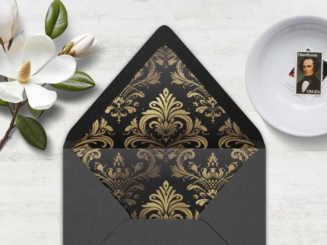 Black & Gold Envelope Liner, INSTANT DOWNLOAD, Canva Template, Damask ...