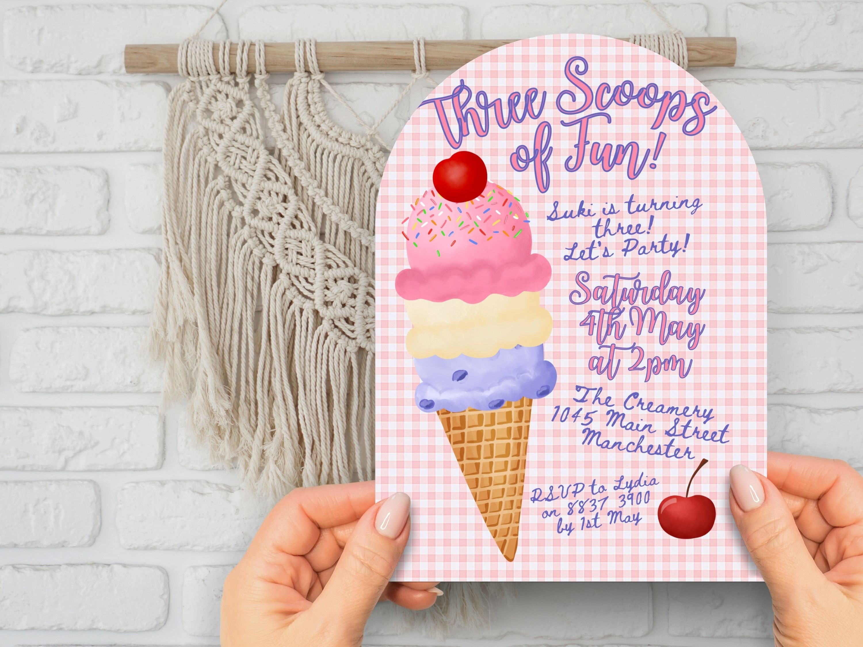 Three Scoops of Fun, Girl Ice Cream Birthday Party Invitation INSTANT ...
