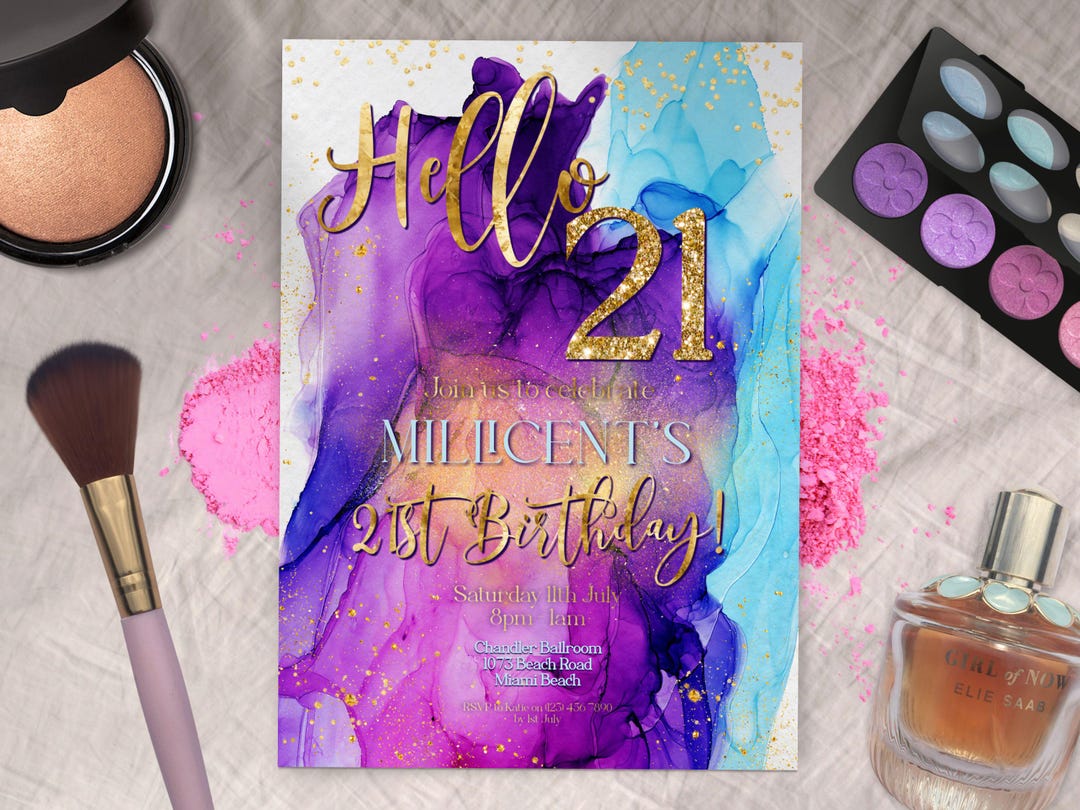 Hello Twenty One Invitation, INSTANT DOWNLOAD, Purple Aqua Gold Invite ...